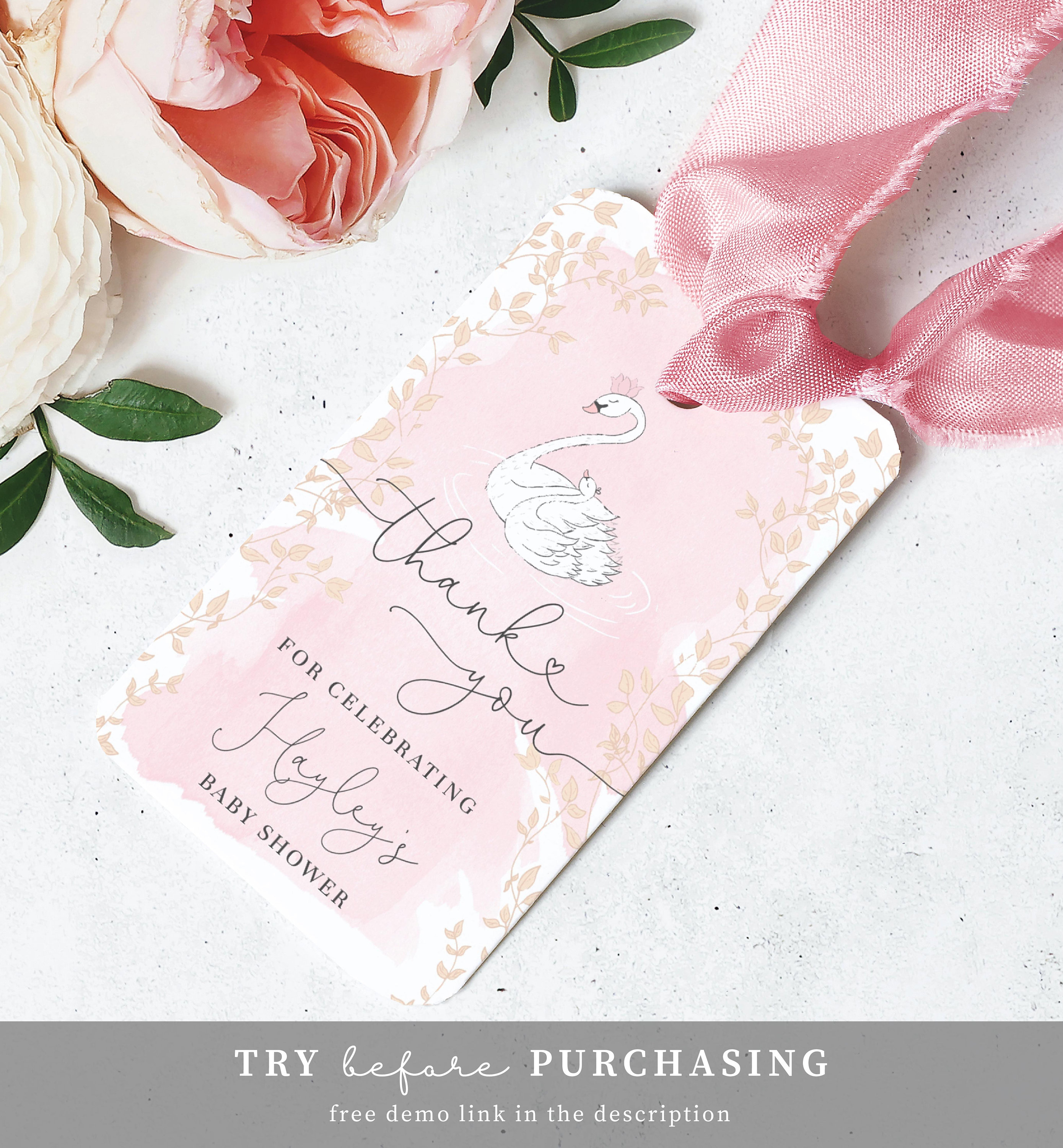 Swan Printable Thank You Tag Template, Swan Princess Theme Girl Baby ...
