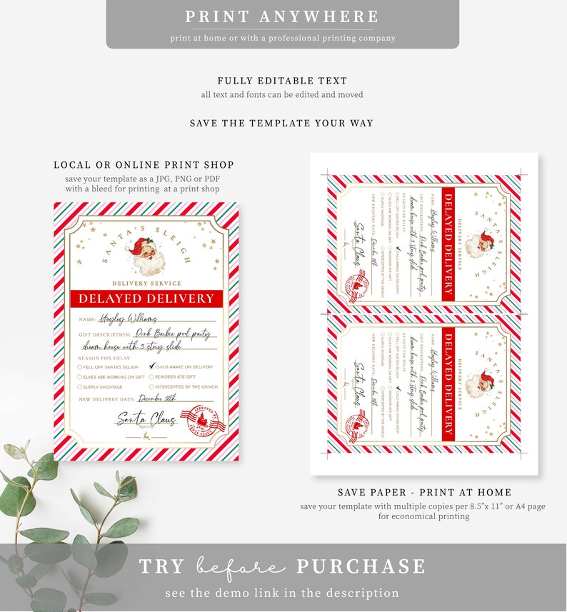 Printable Delayed Delivery Notice, Lost Christmas Present Note, Running ...