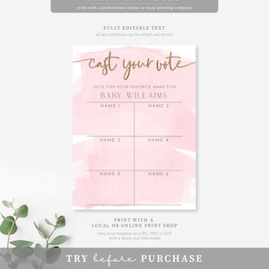 Pink Watercolor Baby Name Voting Poster Template (digital Download) - Etsy
