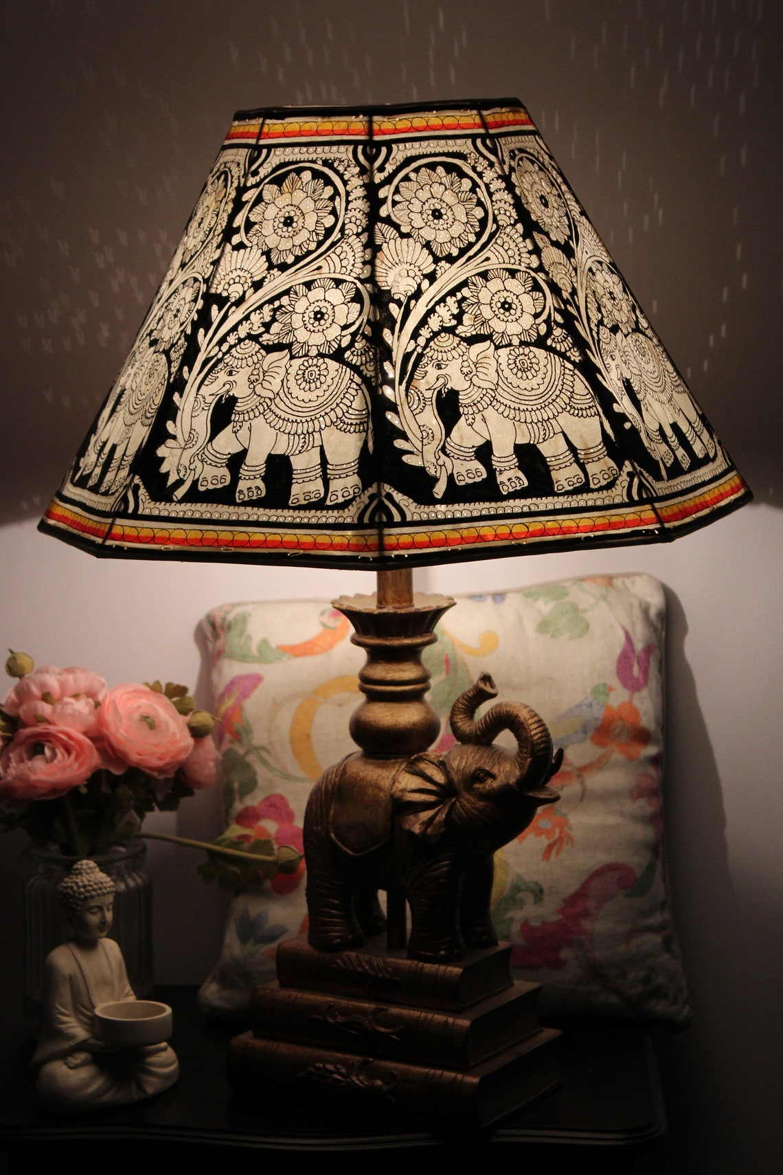18"wide Boho Elephant Floor Lampshade / Hand Painted Leather Lamp Shade ...