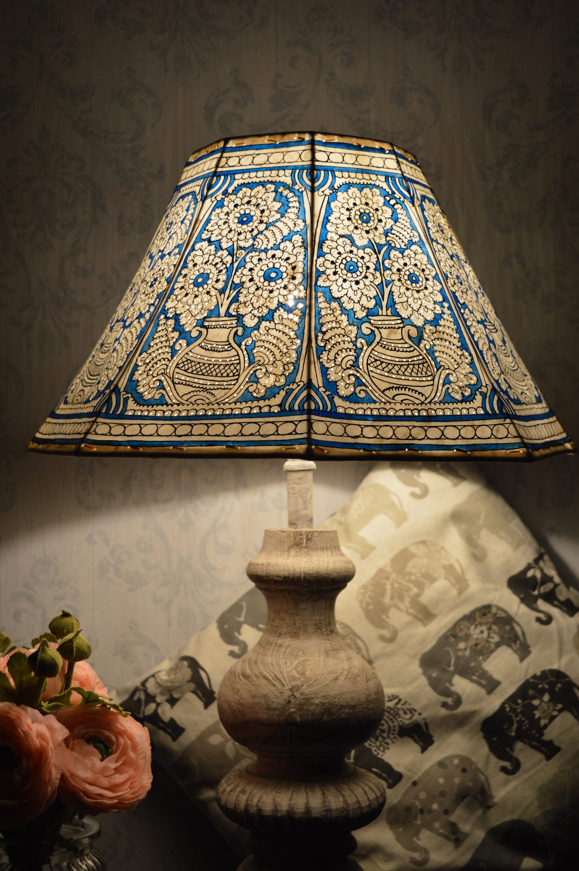 Mandala Pot Lamp Shade Large | Sea-blue Hand Painted Leather Lampshade ...