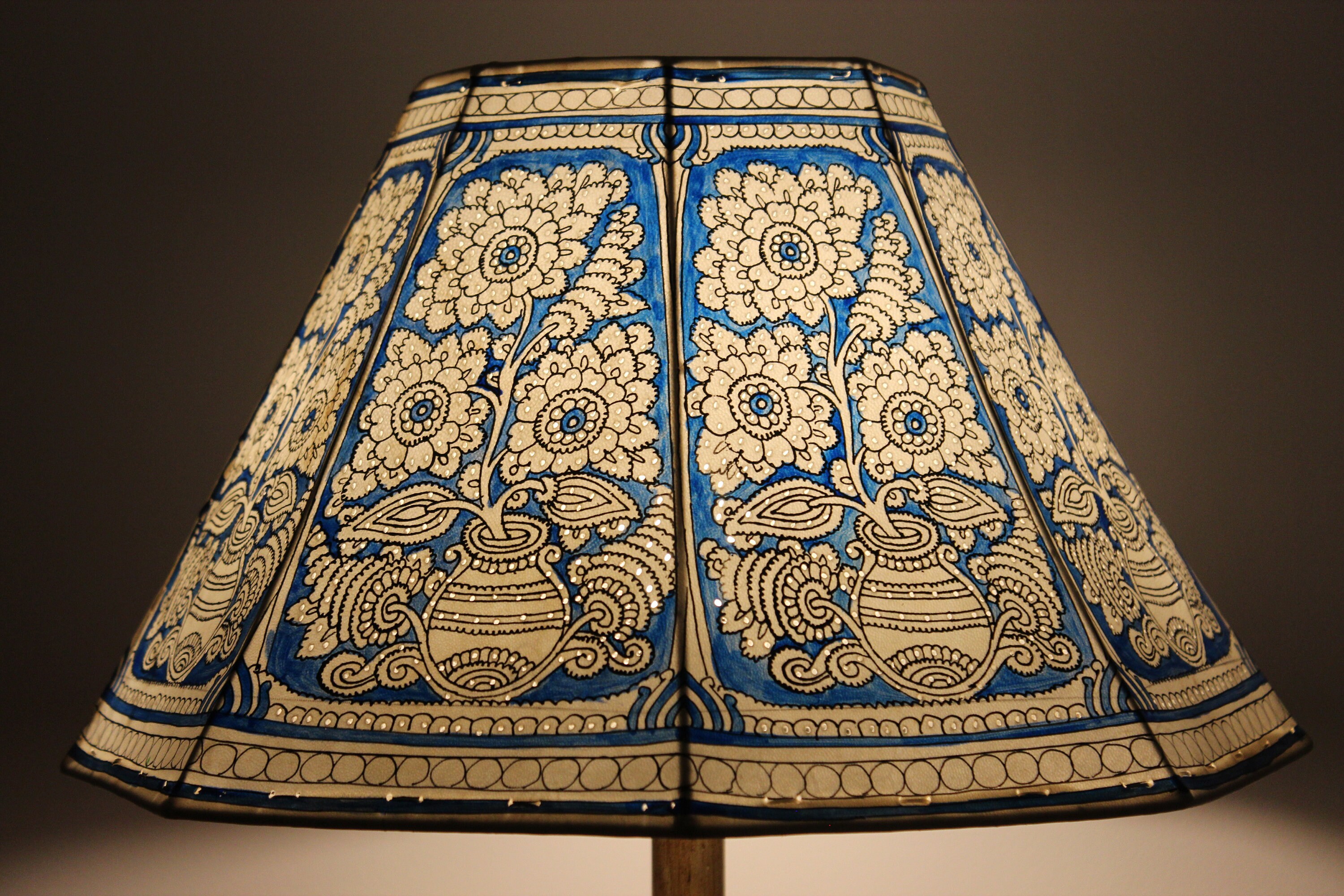 Mandala Pot Lamp Shade Large | Sea-blue Hand Painted Leather Lampshade ...