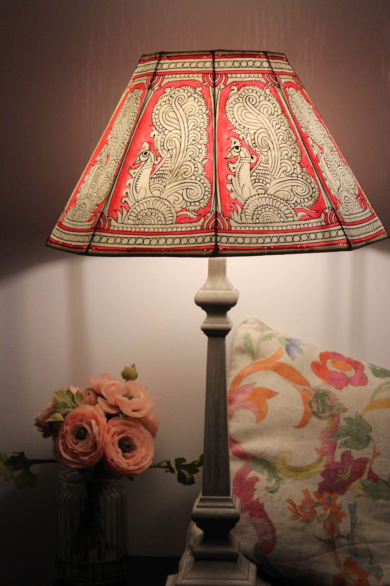 Pink Lampshade With Peacock Design -handmade Leather-large Lampshade ...