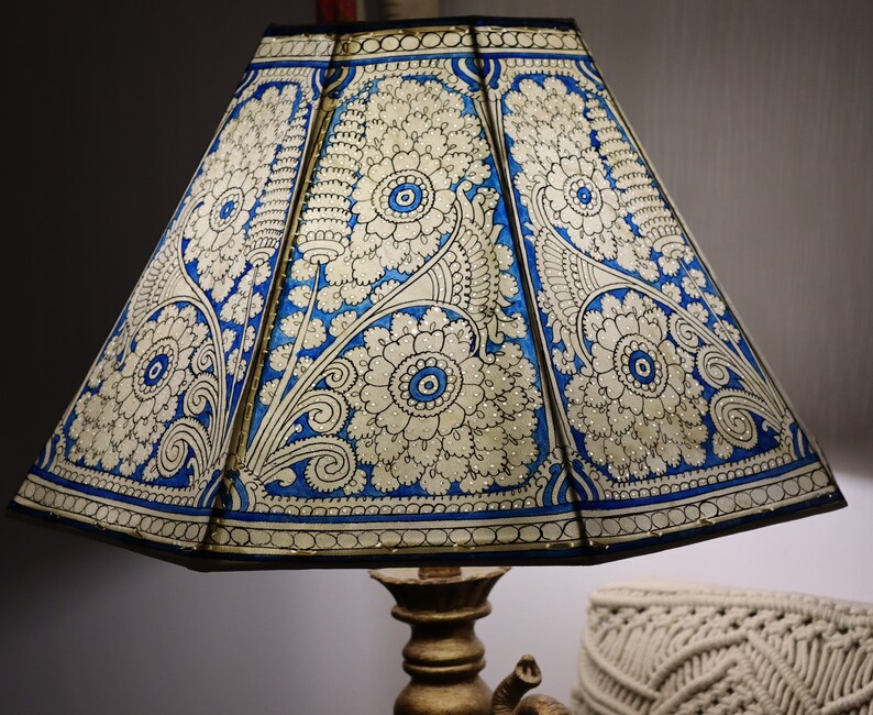 18"wide Blue Floral Motif Floor Lampshade / Hand Painted Leather ...