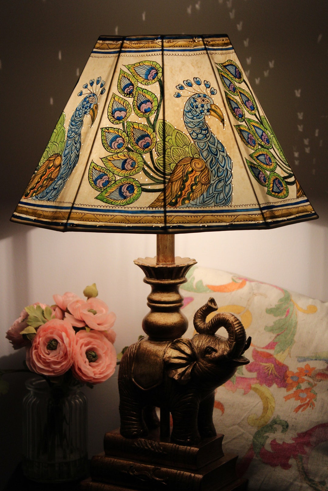 Painted Leather Lamp Shade Indian Peacock Design | Handmade Lamp Shade ...