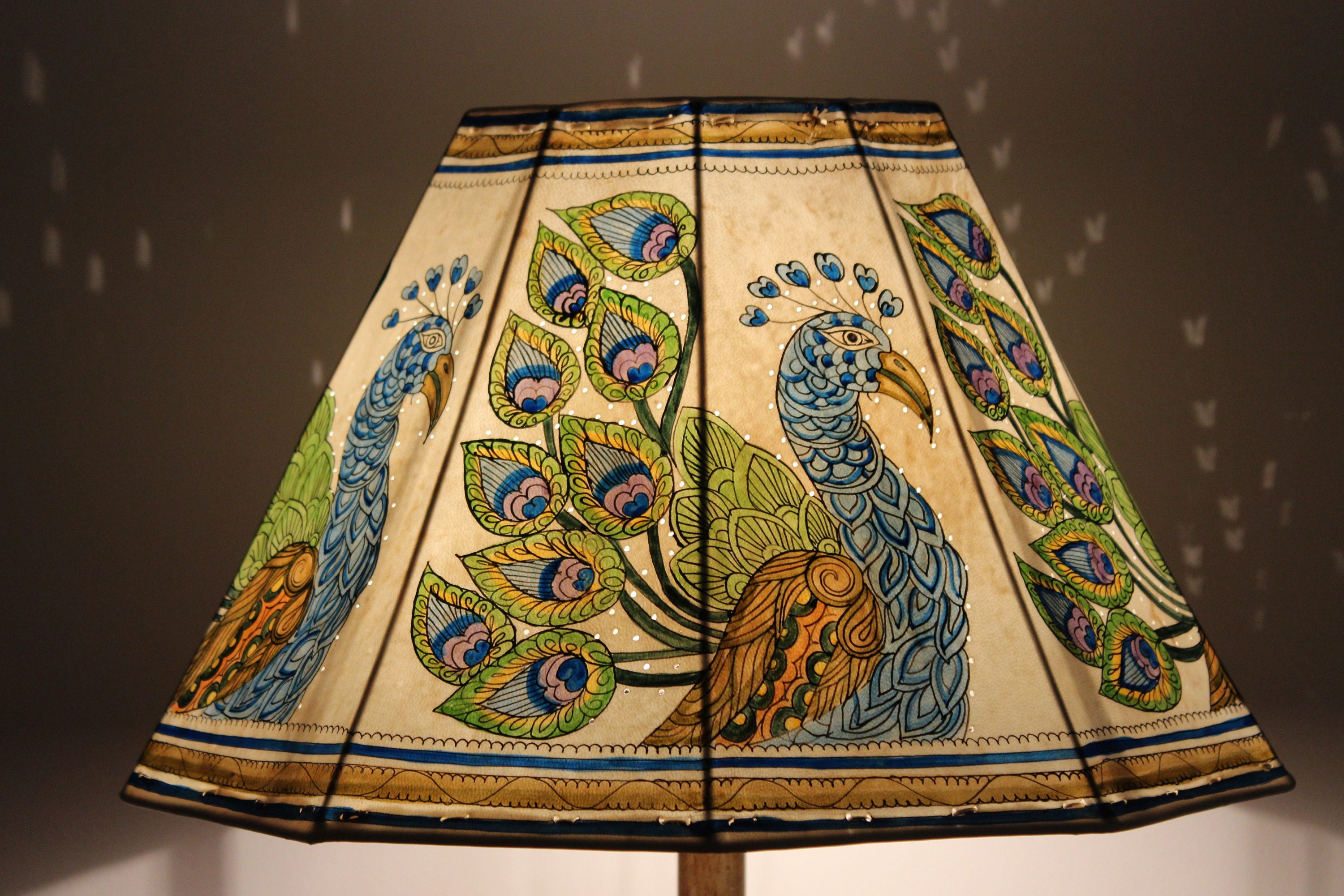 Painted Leather Lamp Shade Indian Peacock Design Handmade | Etsy UK