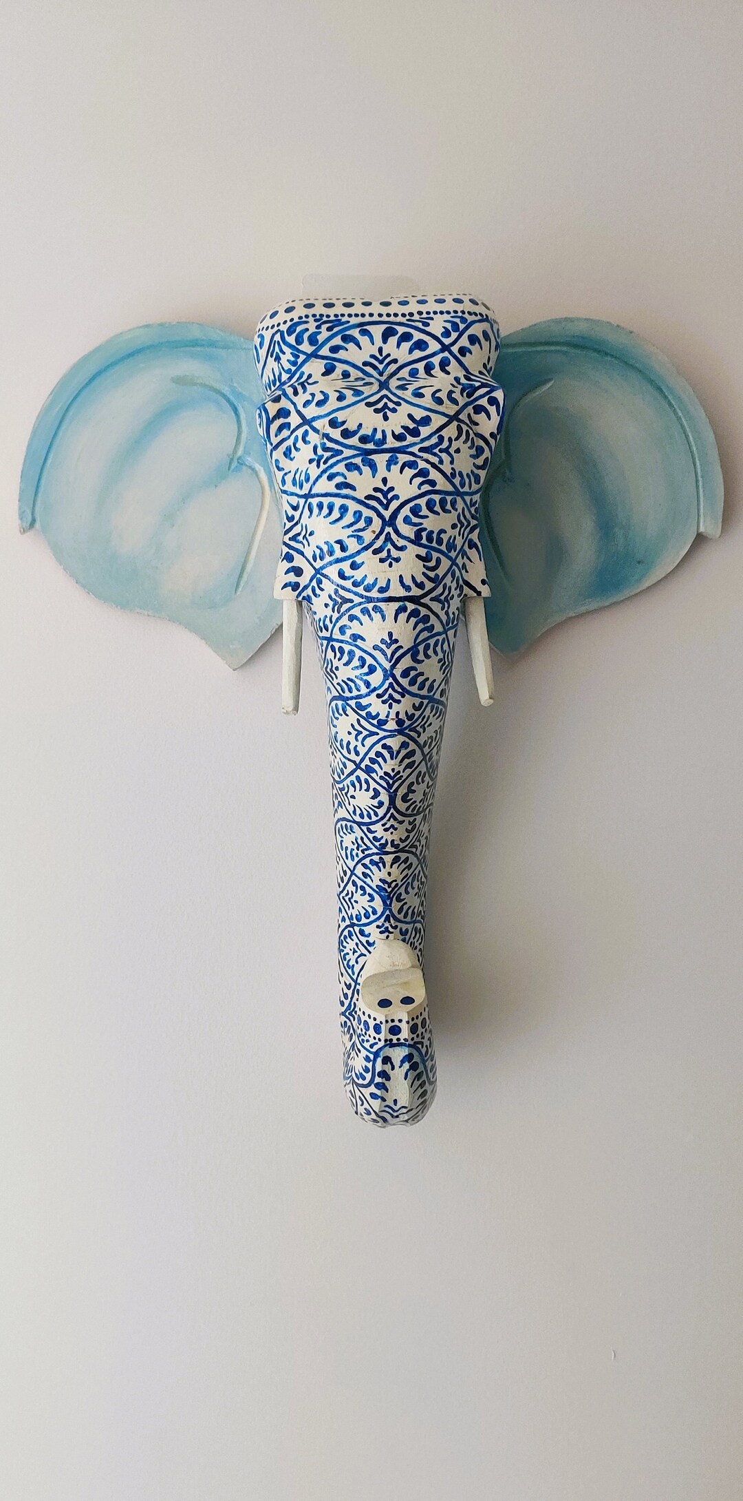 Blue and White Bohemian Designs on Elephant Wooden Head/wall Decor/wall ...
