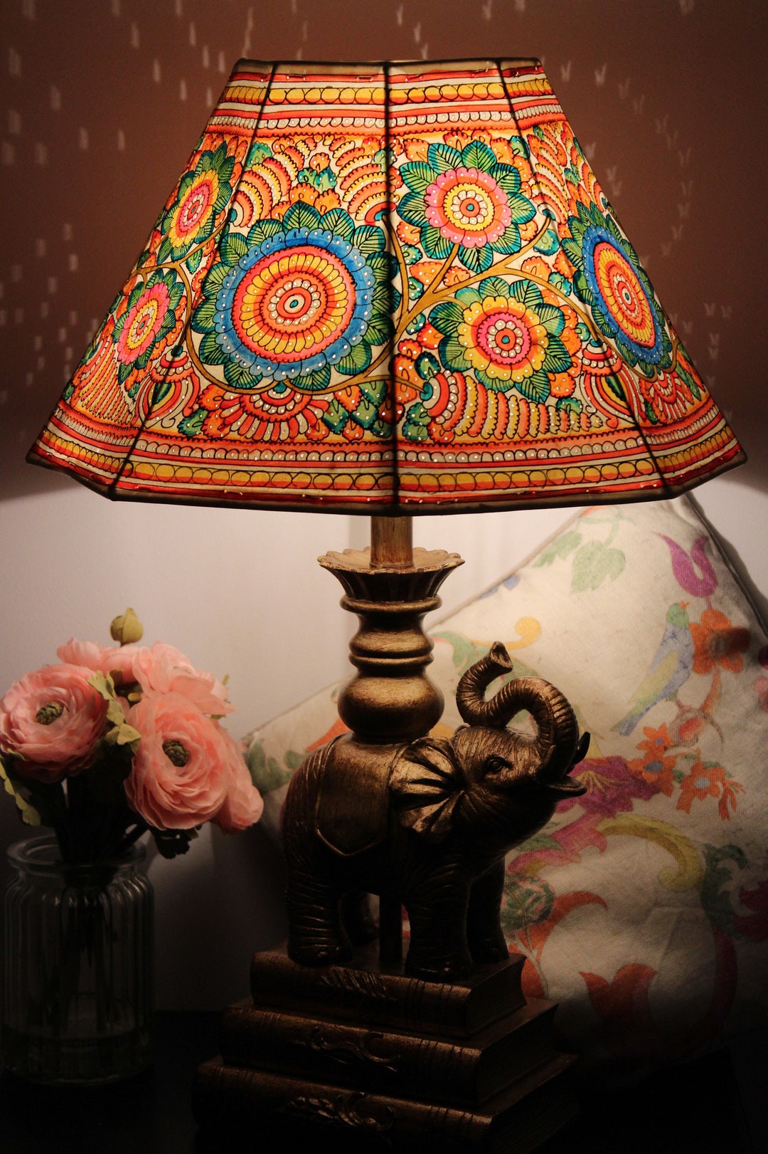 Large Floor Lamp Shade Painted in Floral Pattern on Leather | Handmade ...