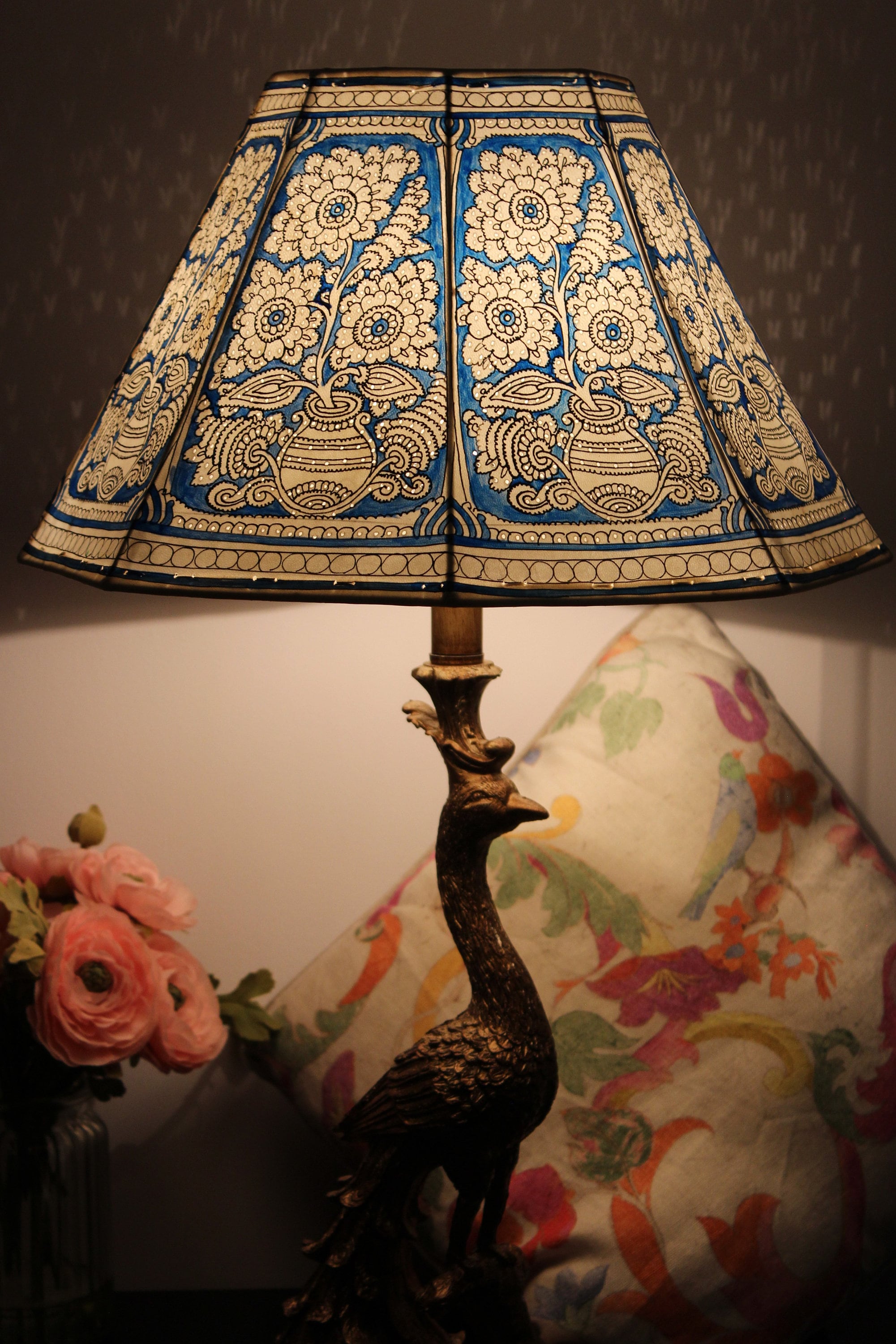 Mandala Pot Lamp Shade Large | Sea-blue Hand Painted Leather Lampshade ...