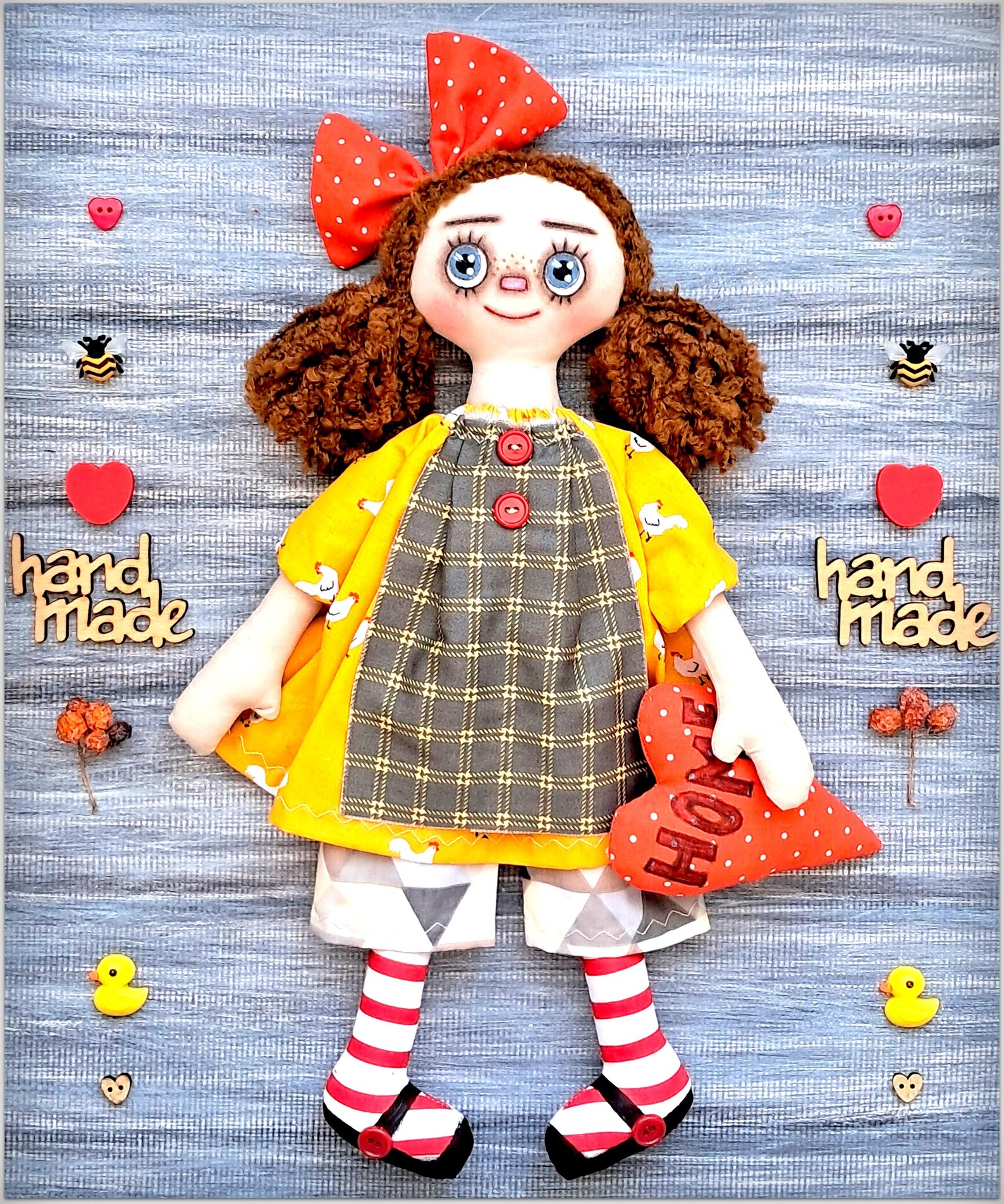 Raggedy Annie Doll Lola ,handmade Fabric Doll, Primitive Stuffed Cloth ...