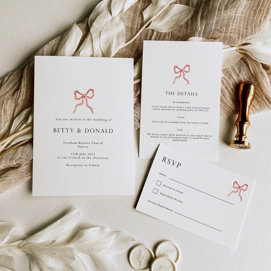 Pink Bow Invitation Template for Wedding - Painted Bow Invitation ...