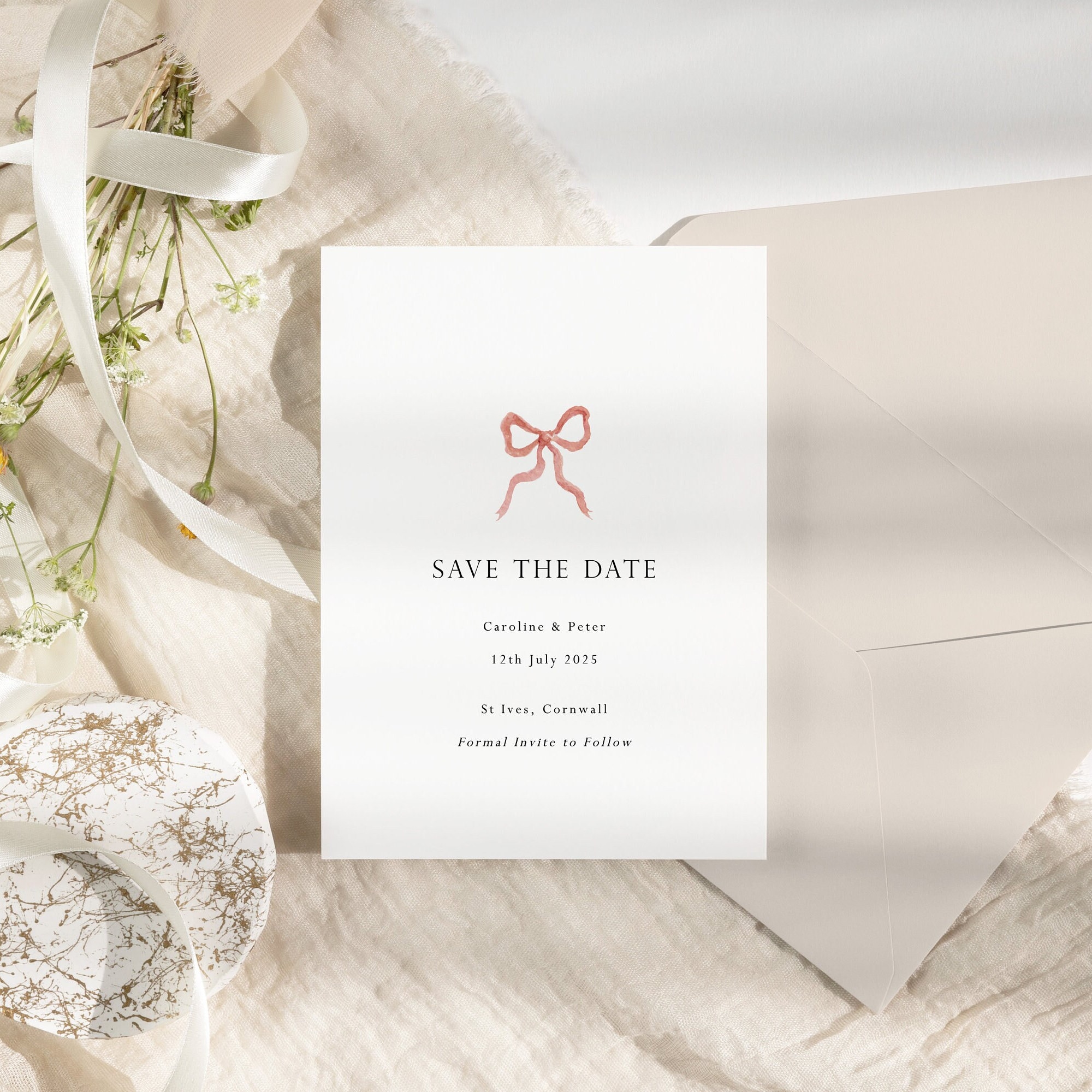 Pink Bow Wedding Save the Date Template - Ribbon Save the Date Invite ...