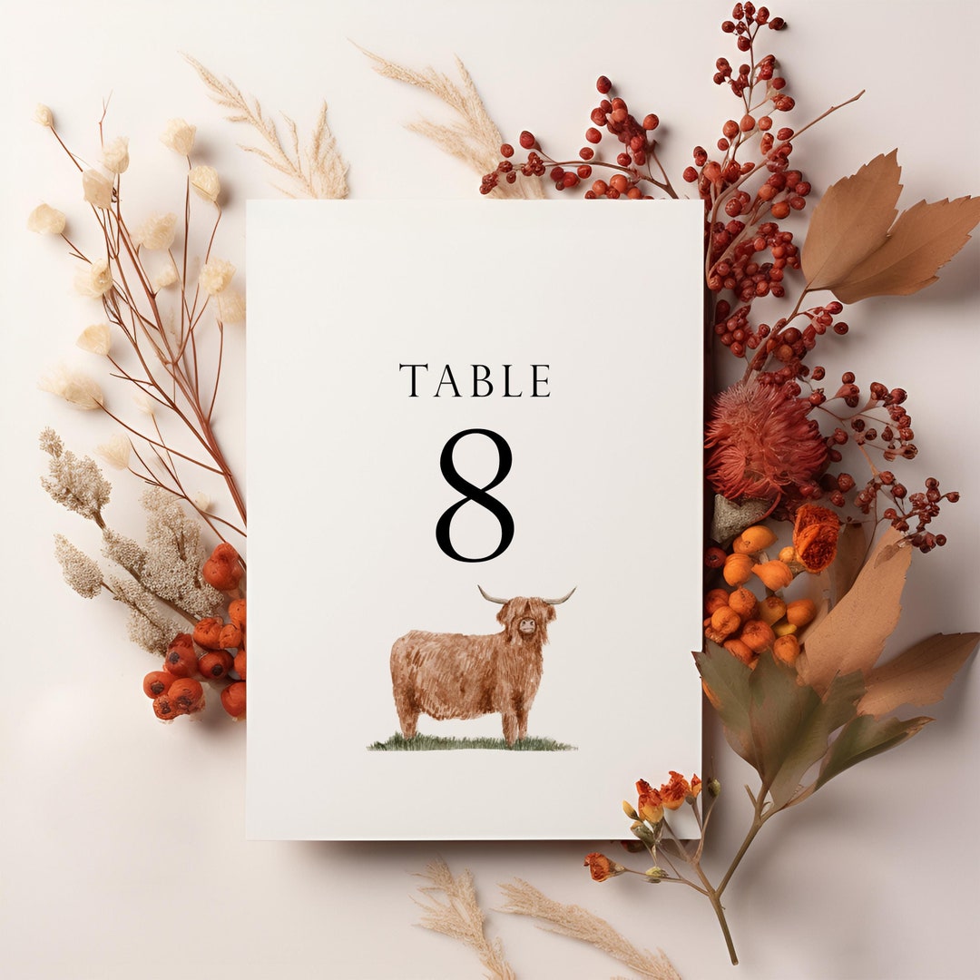 Highland Cow Table Number Template - Table Numbers for Scottish Wedding ...
