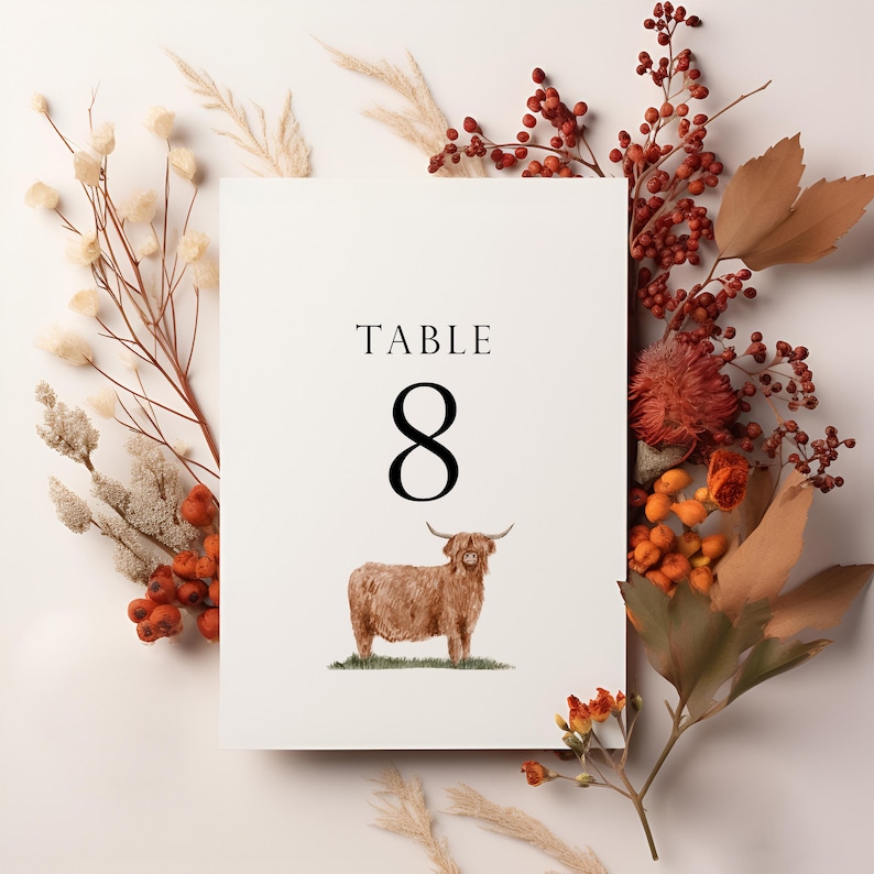 Highland Cow Table Number Template - Table Numbers for Scottish Wedding ...