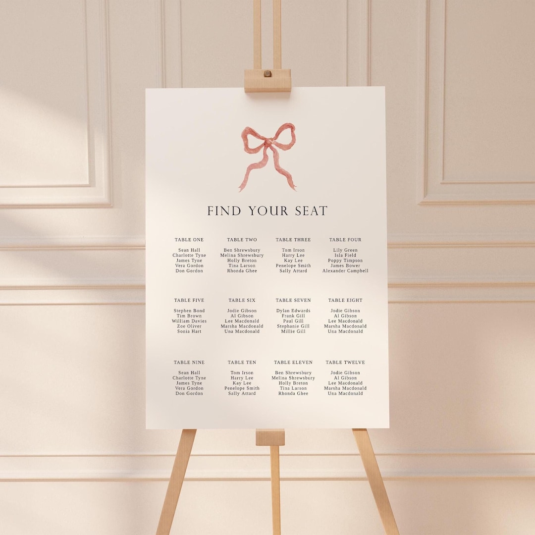 Pink Bow Seating Chart Template - Editable Wedding Seating Plan ...