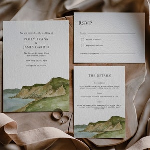 Coastal Wedding Invitation Template - Watercolour Seascape Invitation ...