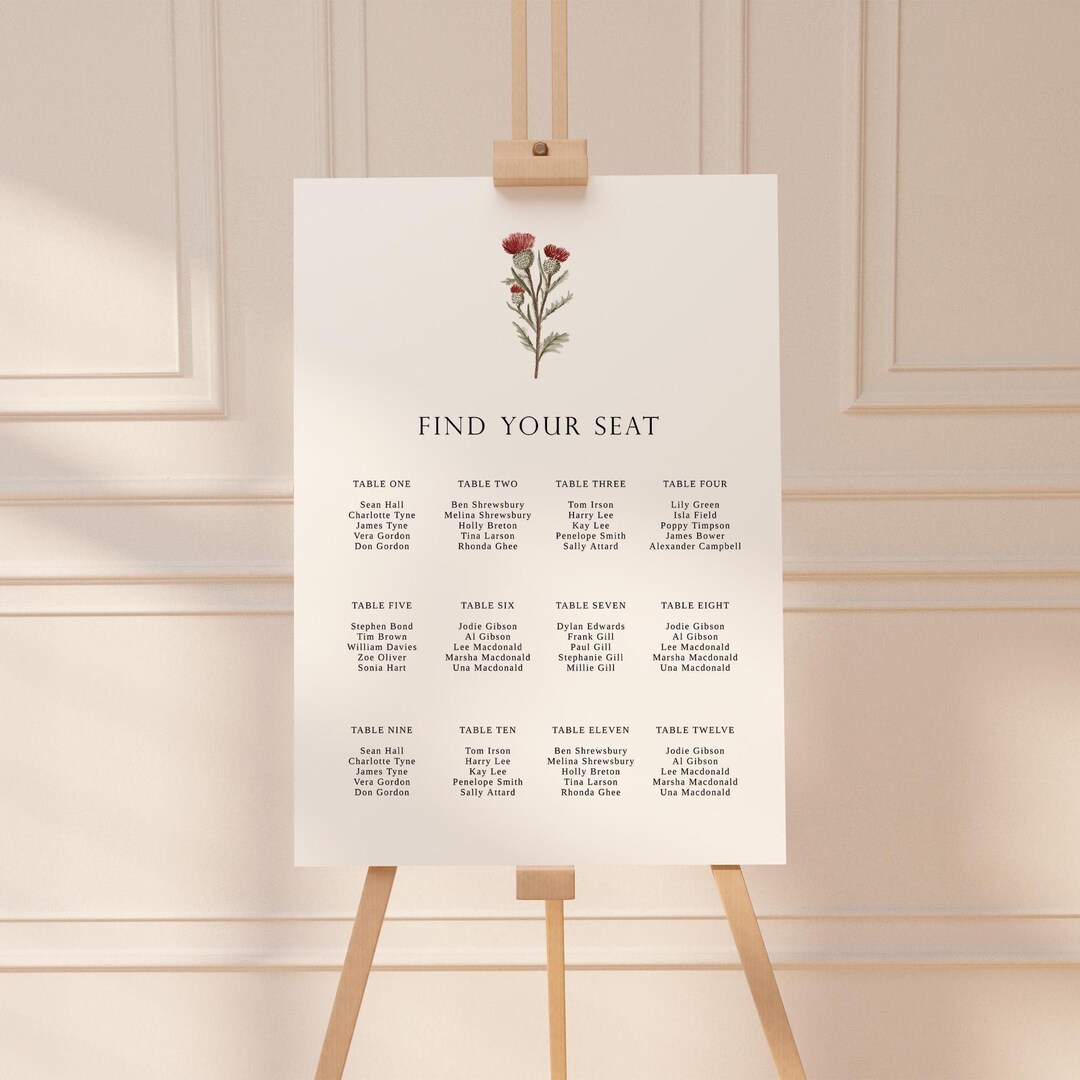 Scottish Thistle Seating Chart Template - Editable Wedding Seating Plan ...