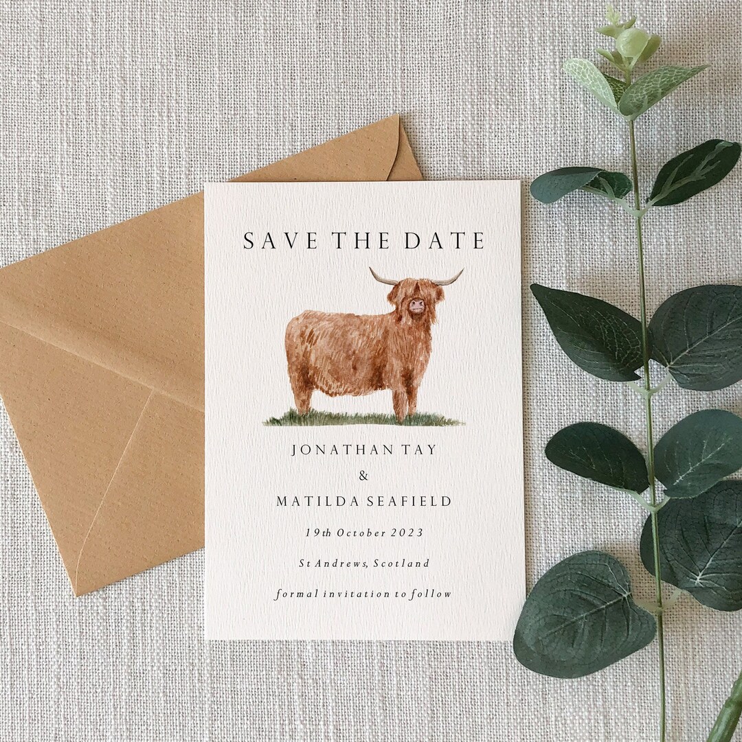Save the Date Template - Highland Cow Save the Date - Scottish Wedding ...