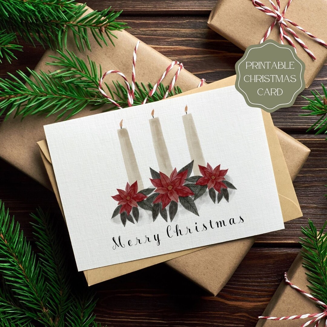 Printable Poinsettia Christmas Card | Poinsettia Greeting Card | Merry ...