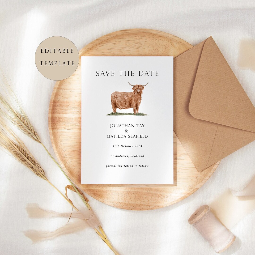 Save the Date Template Highland Cow Save the Date Scottish - Etsy