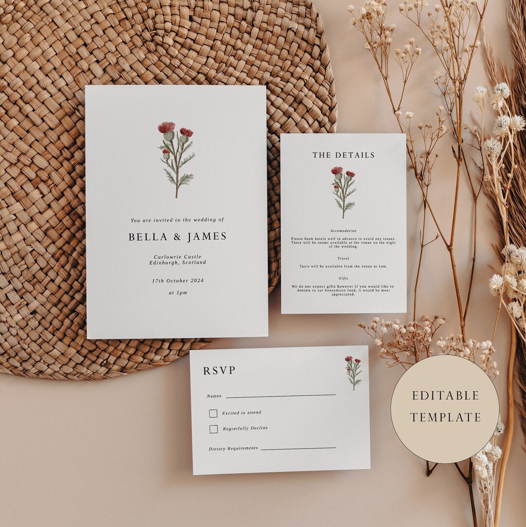 Wedding Invitation Template Scottish Thistle Invite Thistle Wedding ...