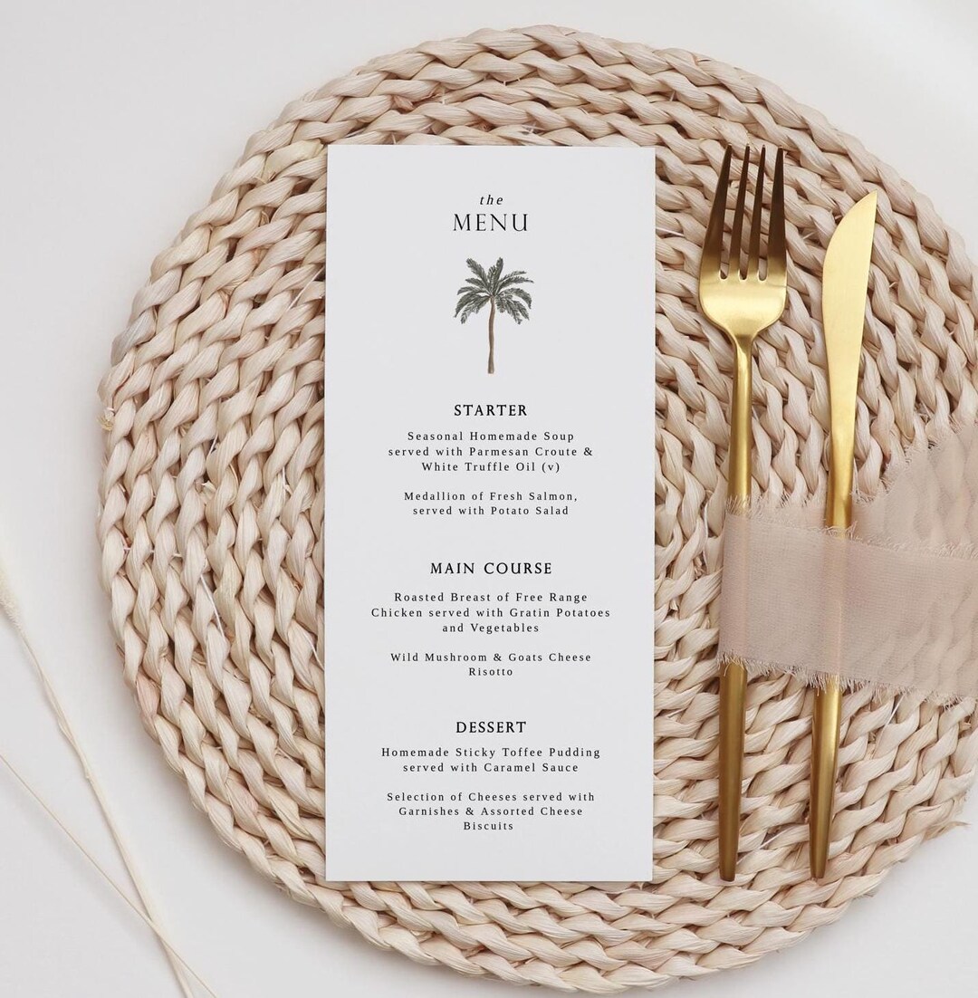 Palm Tree Menu Template - Wedding Menu Template - Beach Wedding Menu ...
