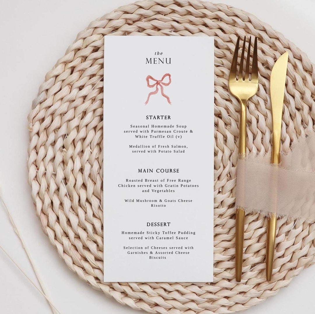 Pink Bow Menu Template - Wedding Menu Template - Ribbon Wedding Menu ...