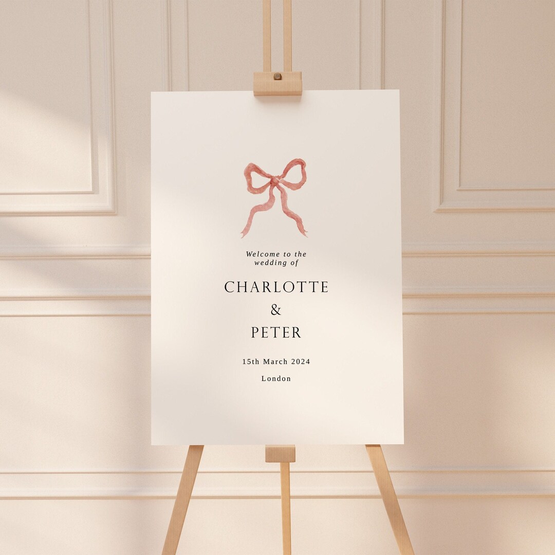 Pink Bow Wedding Welcome Sign Template - Ribbon Welcome Sign ...