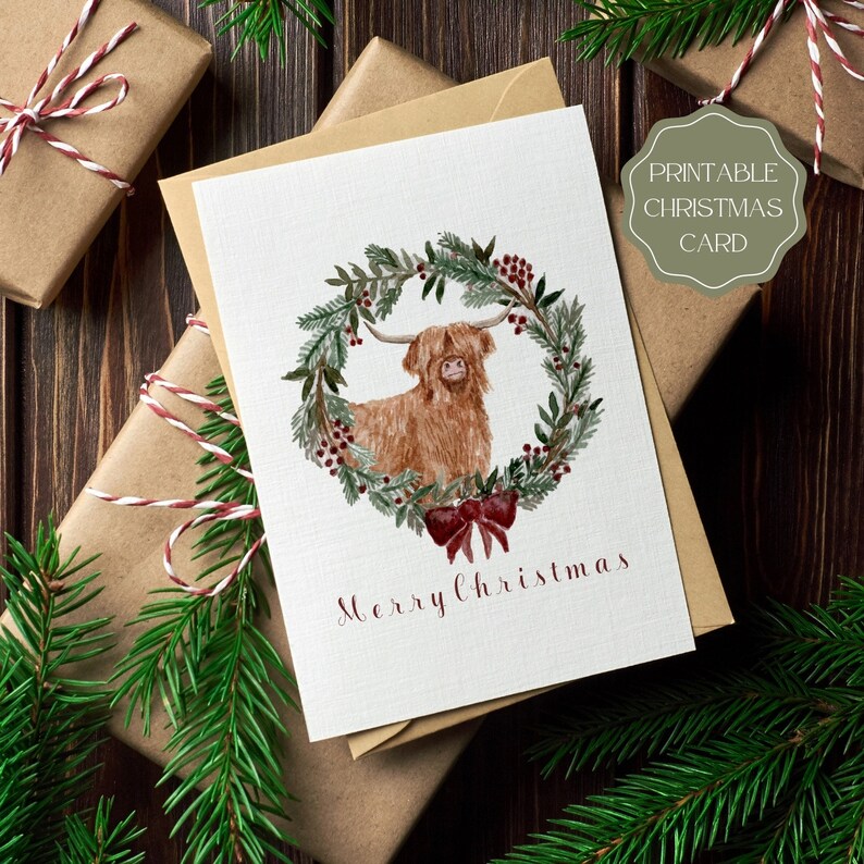 Printable Highland Cow Christmas Card Printable Christmas - Etsy