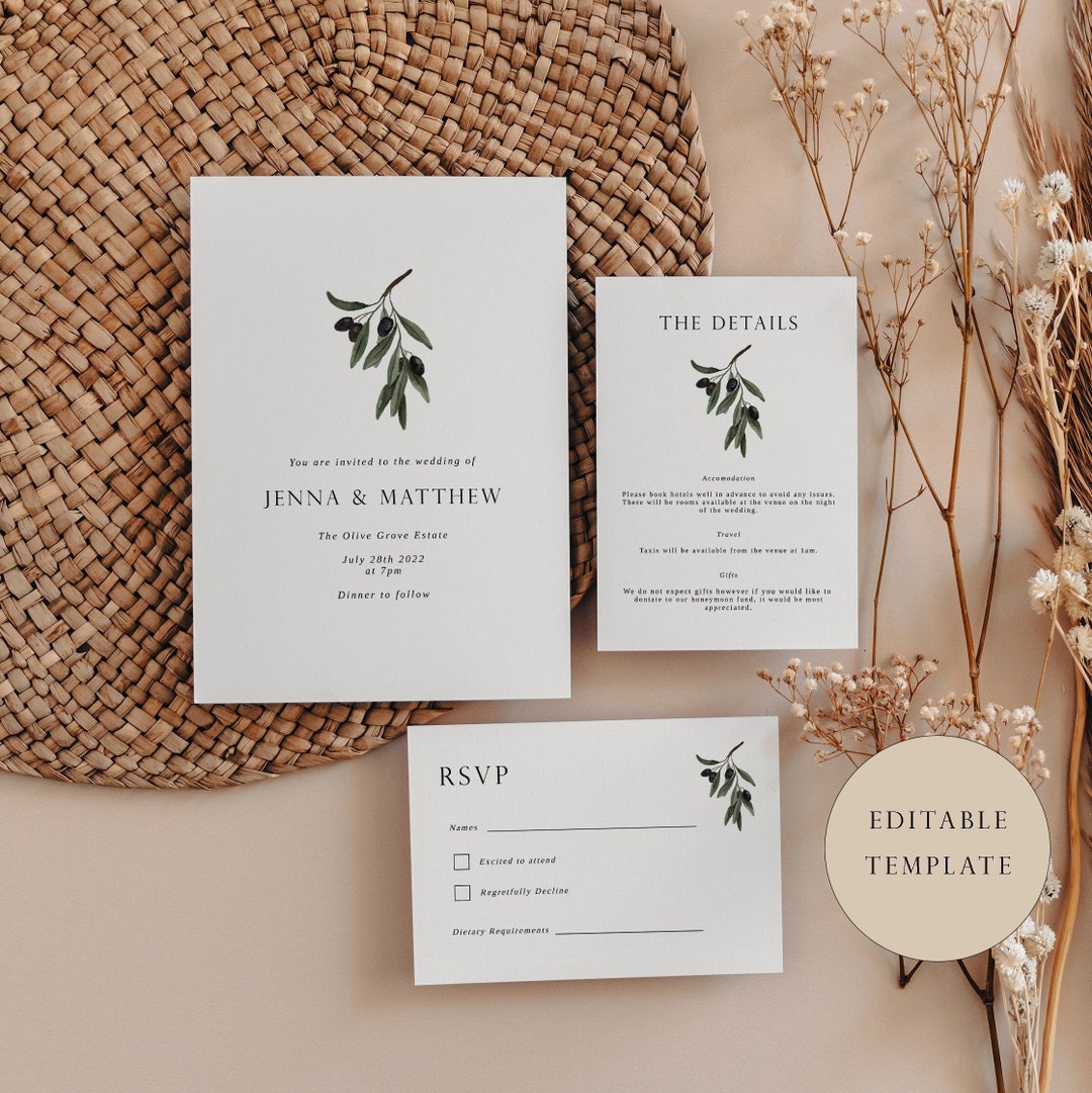 Wedding Invitation Template Olive Branch Invite - Etsy