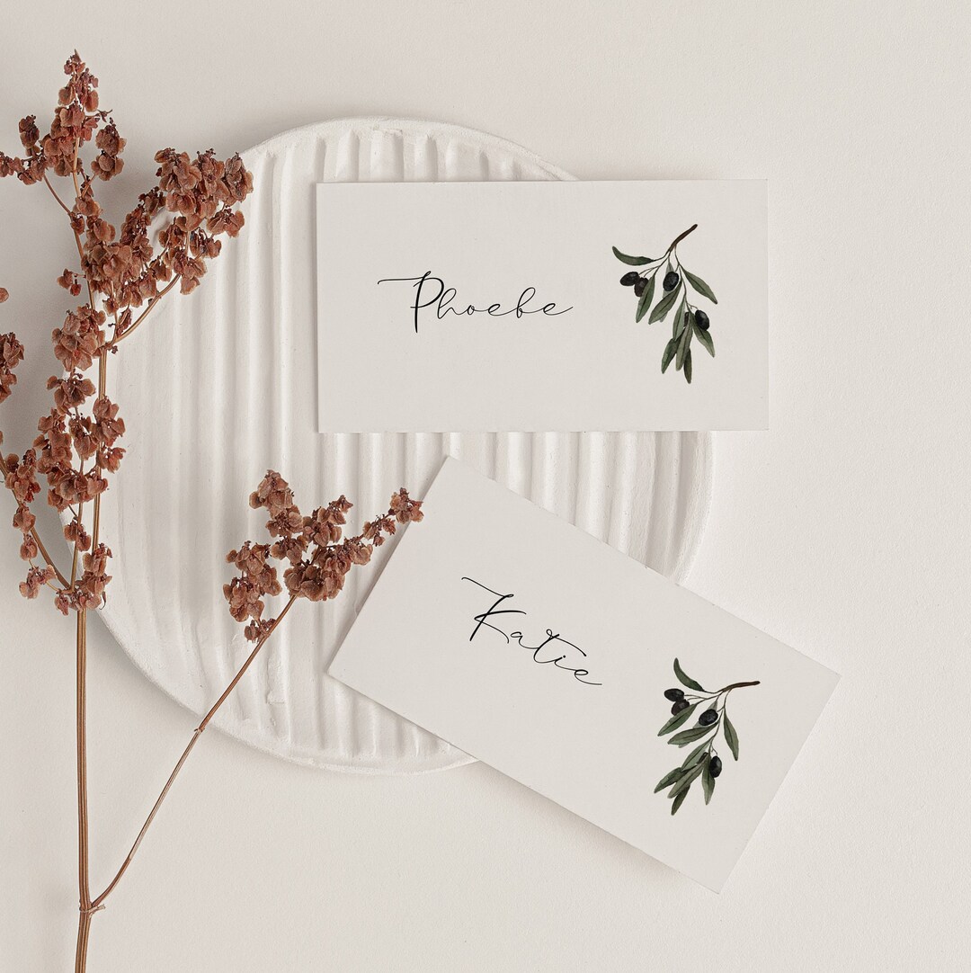 Olive Branch Place Card Template for Wedding Watercolour Olive Escort Card Wedding Name Card ...