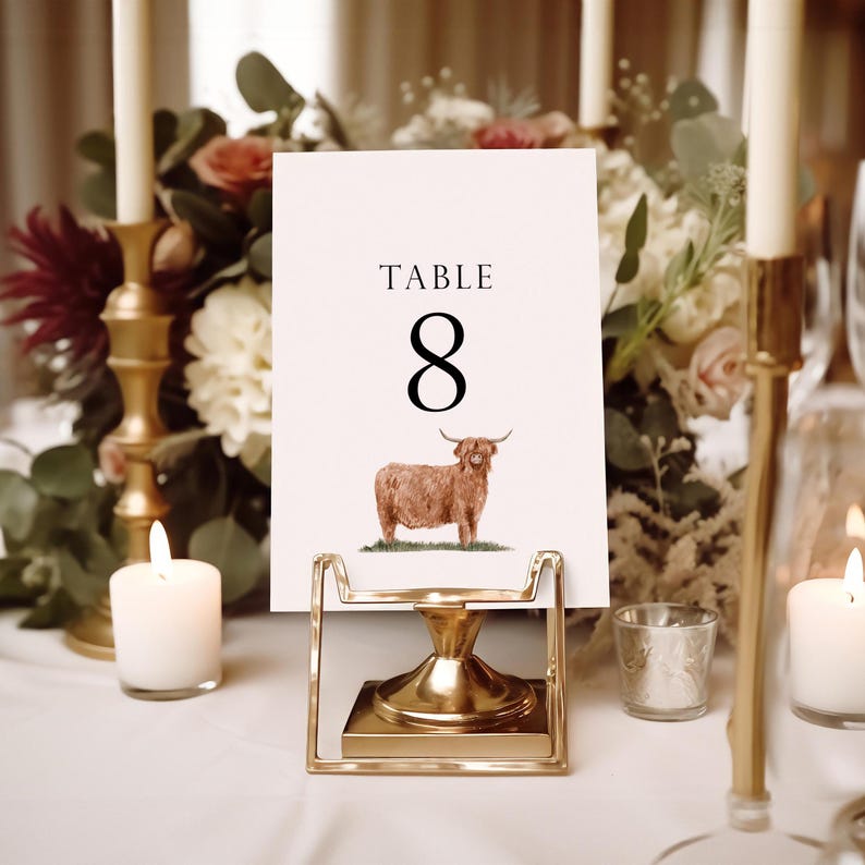 Highland Cow Table Number Template - Table Numbers for Scottish Wedding ...