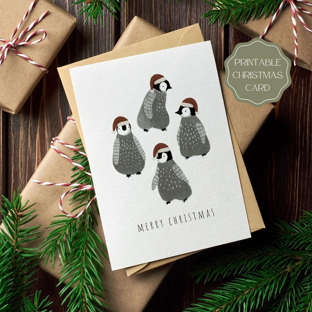 Printable Penguins Christmas Card | Baby Penguins Greeting Card | Merry ...