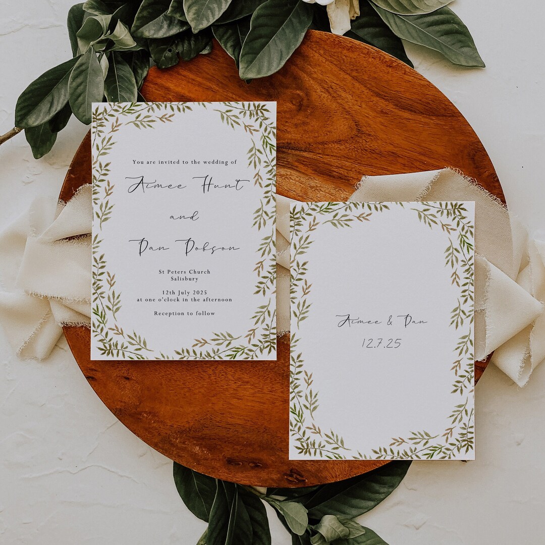Greenery Invitation Template for Wedding - Green Leaf Border Invitation ...