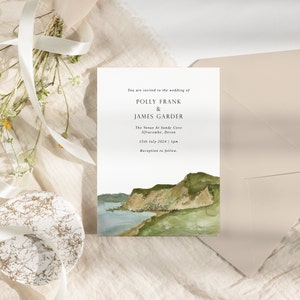Coastal Wedding Invitation Template - Watercolour Seascape Invitation ...