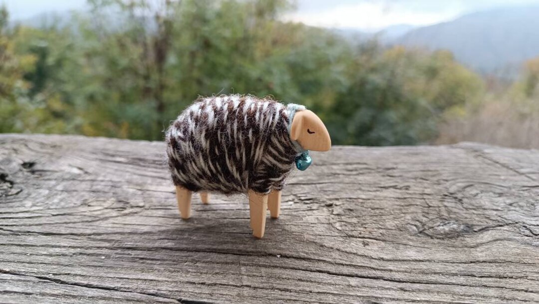 Grey and White Wooden Decoration Sheep Dressed With Handspun Yarn ...
