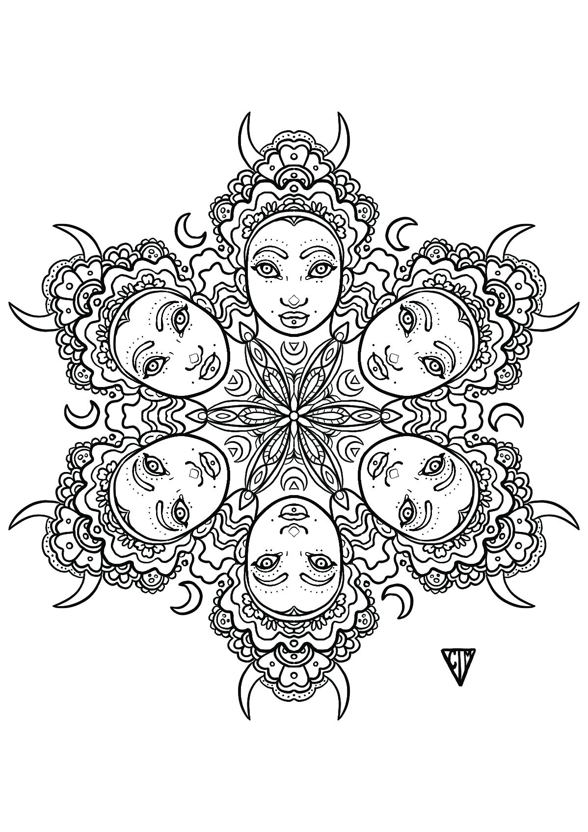 Adult Colouring Page. Goddess Moon Witch Mandala Plus Size | Etsy