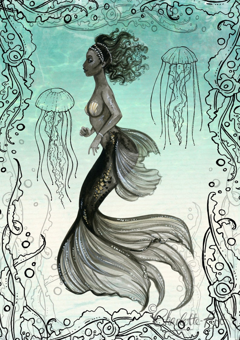 Black Mermaid A4 Size Wall Art Print Nautical Bathroom - Etsy UK