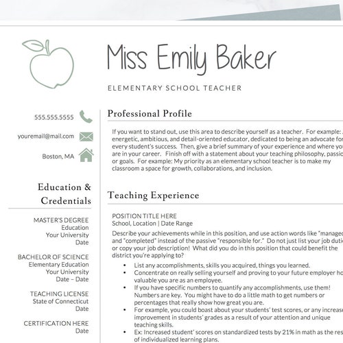 Teacher Resume Template for Word & Pages Apple Resume - Etsy