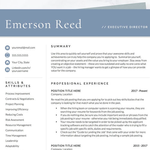 Executive Resume Template for Word & Pages One Two and - Etsy