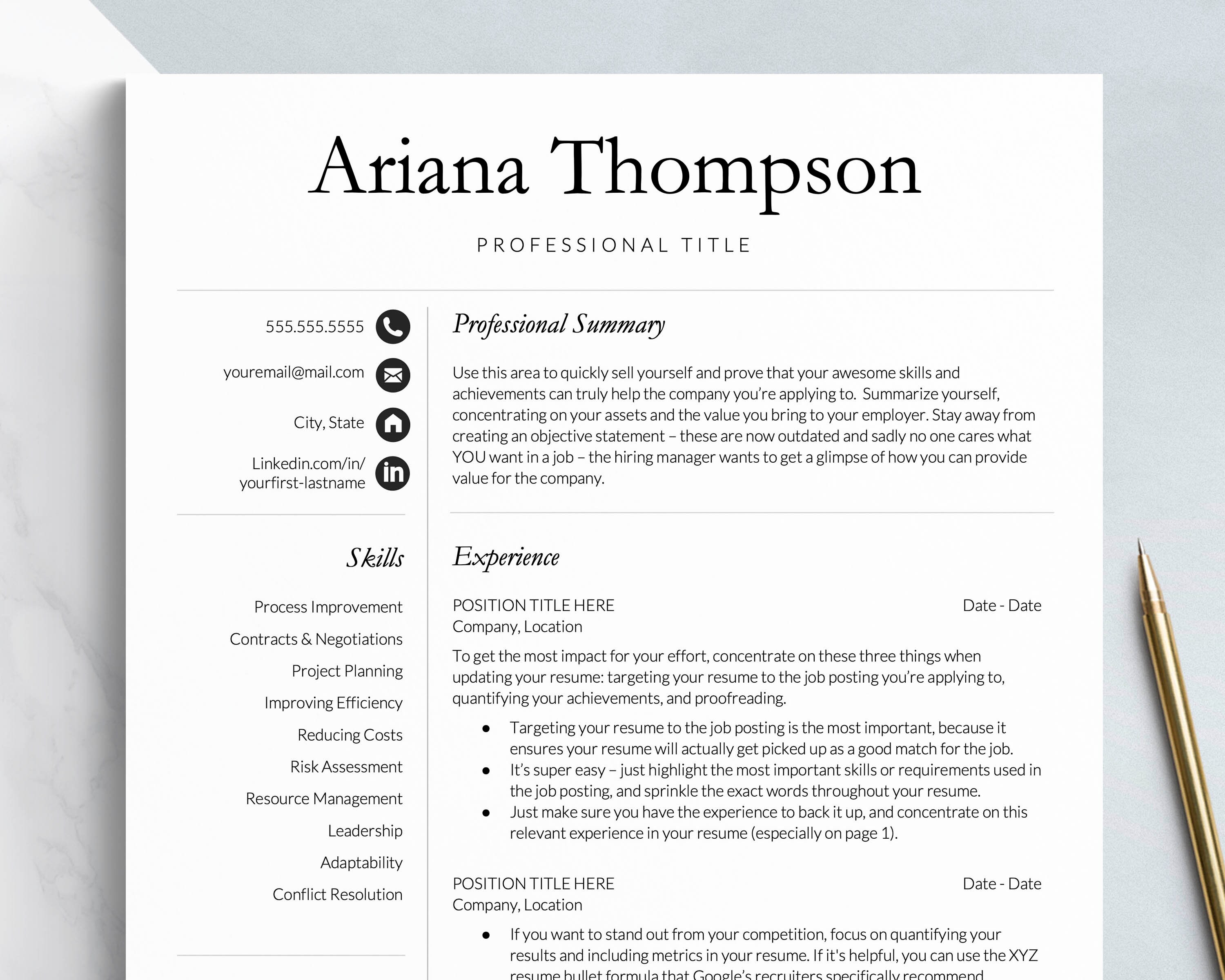 Simple Professional Resume Template For Word Pages Google Etsy UK