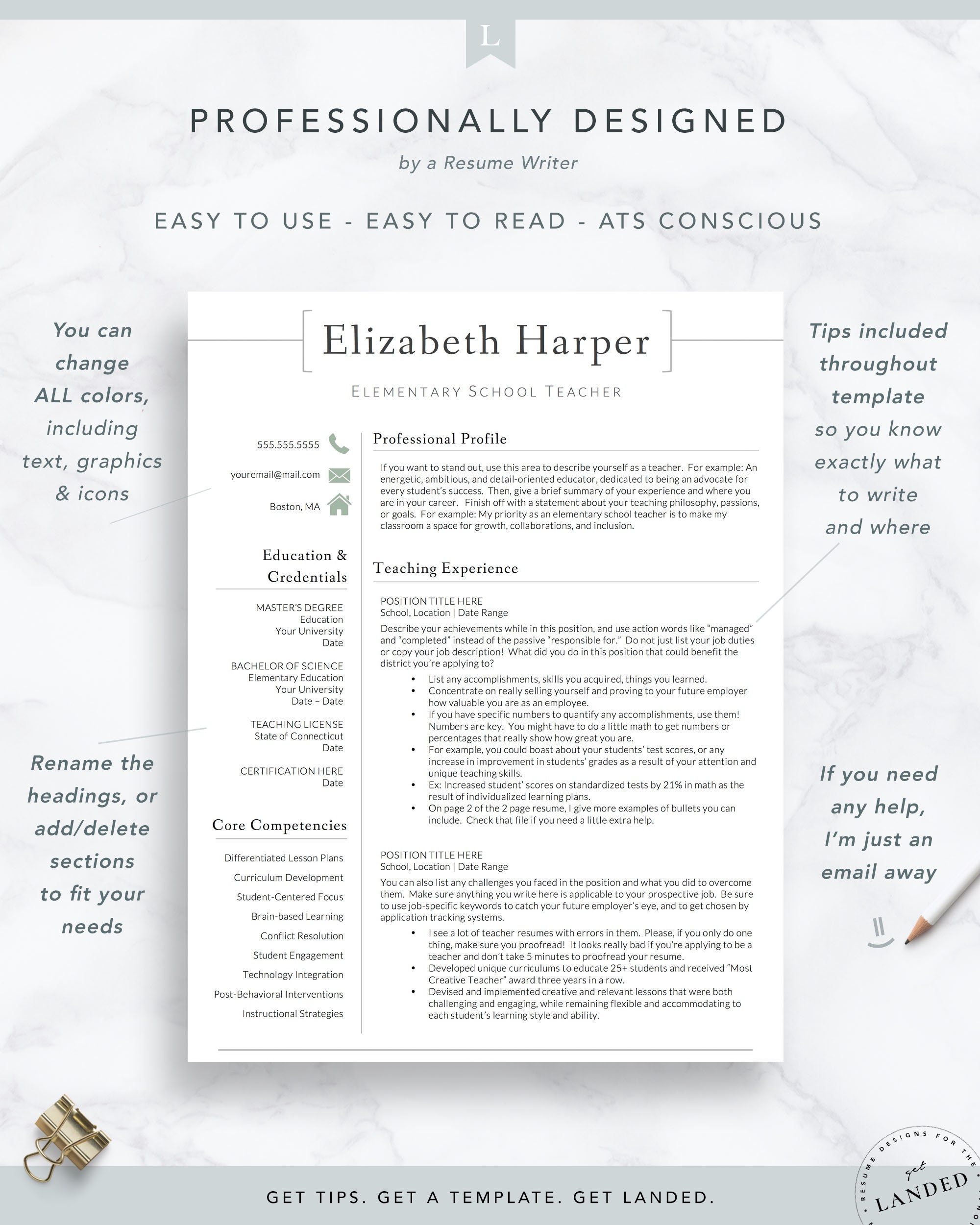 Teacher Resume Template for Word & Pages Teacher CV | Etsy