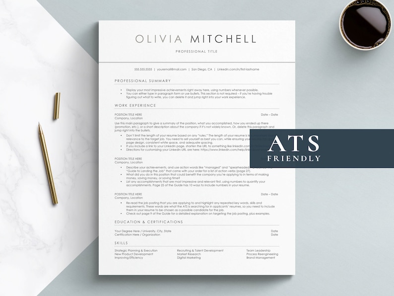 ATS Friendly Resume Template for Word, Pages, Google Docs Resume ...
