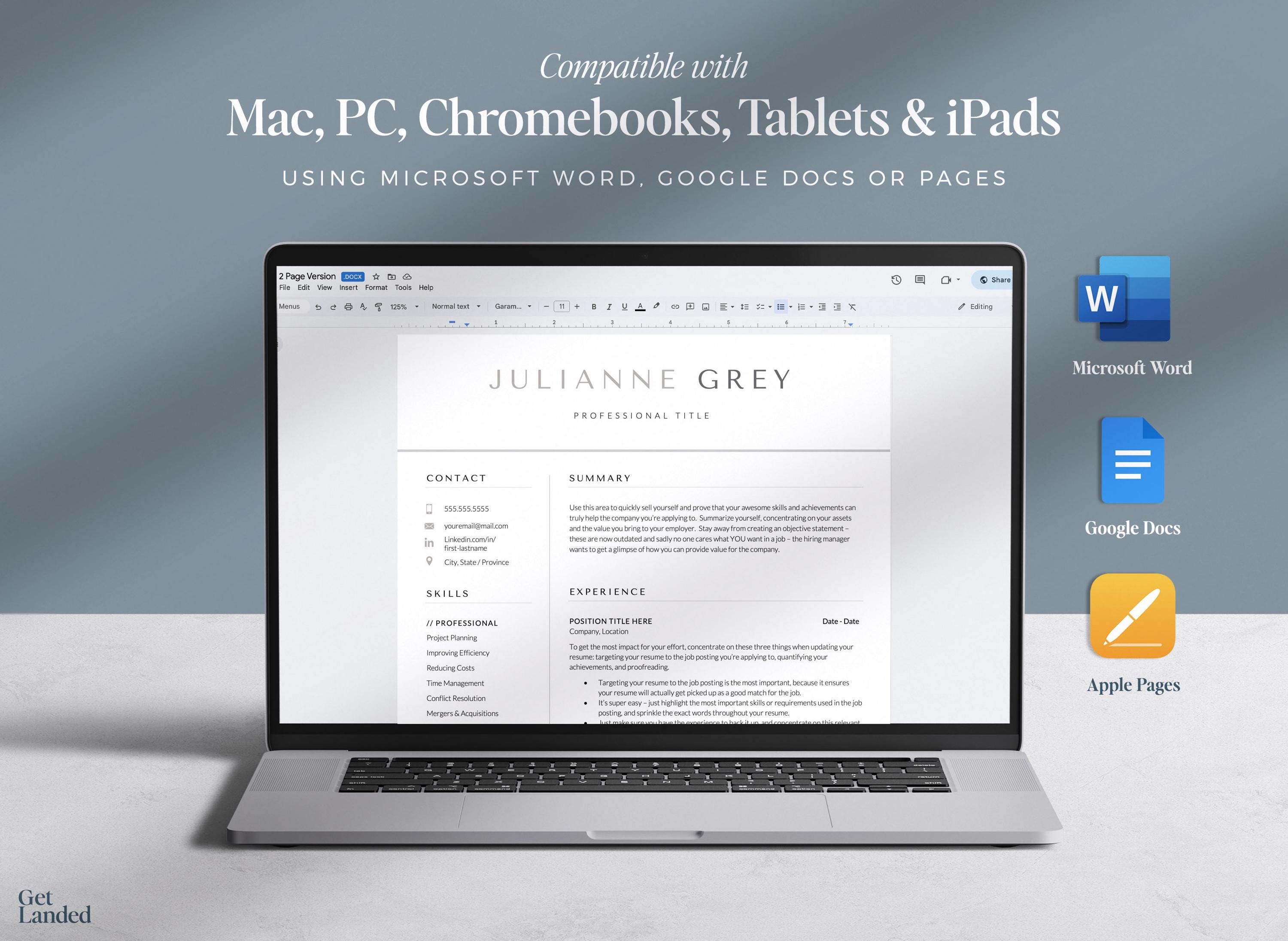 Modern Resume Template for Google Docs, Word and Mac Pages, 1-5 Page ...