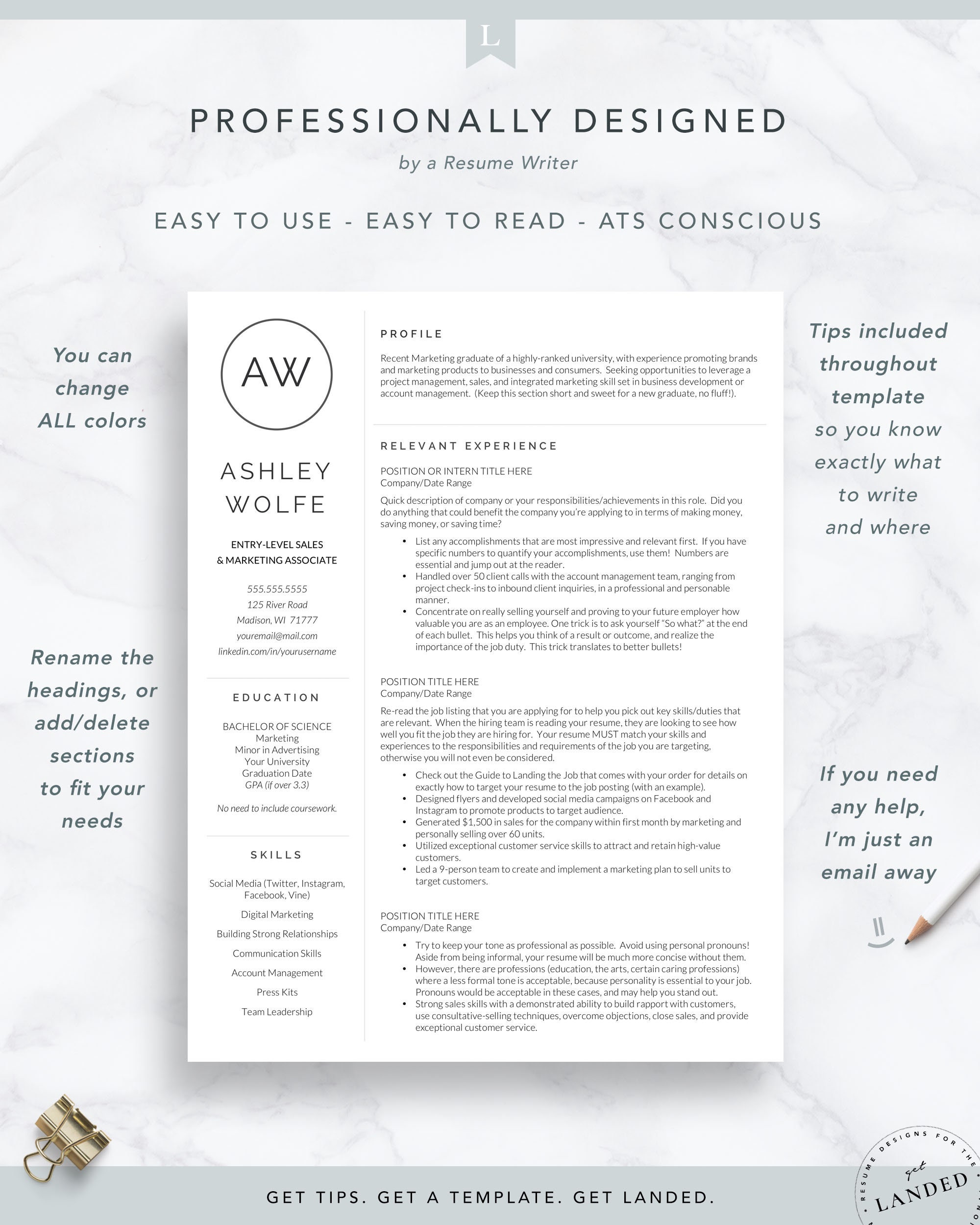 New Grad Resume, College Grad Resume Template With Initials for Word ...