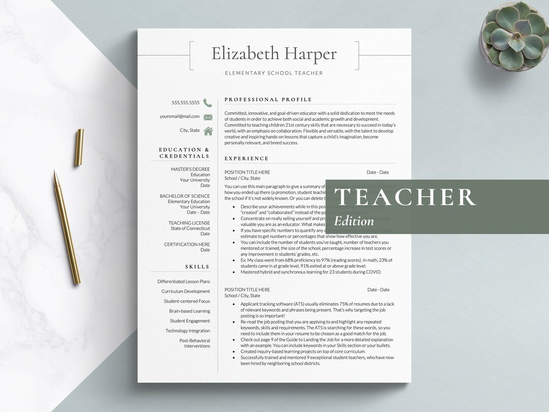 Teacher Resume Template for Google Docs, Word & Pages Substitute ...