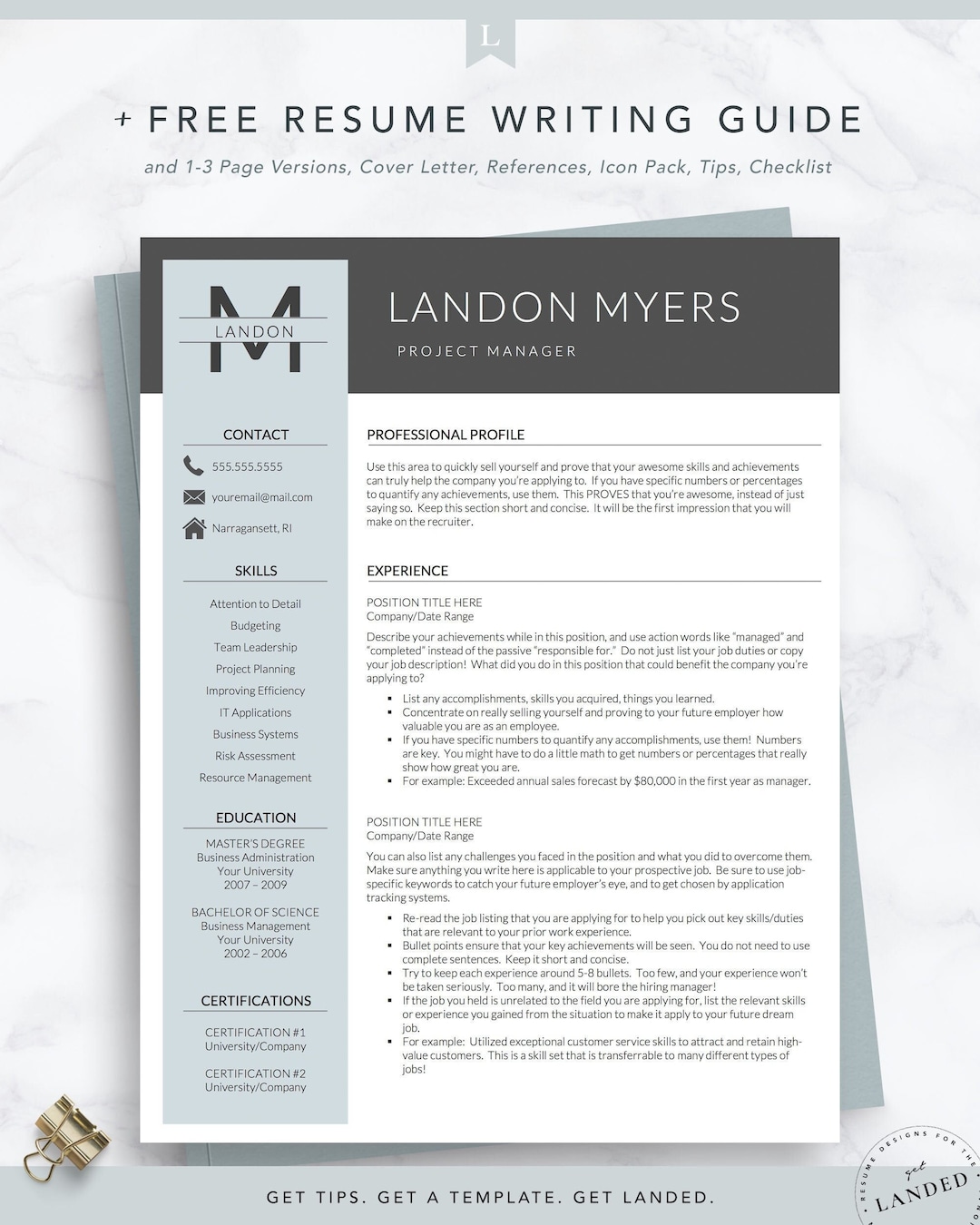 Blue Grey Resume Template With Initials for Word & Pages | 1-3 Page ...