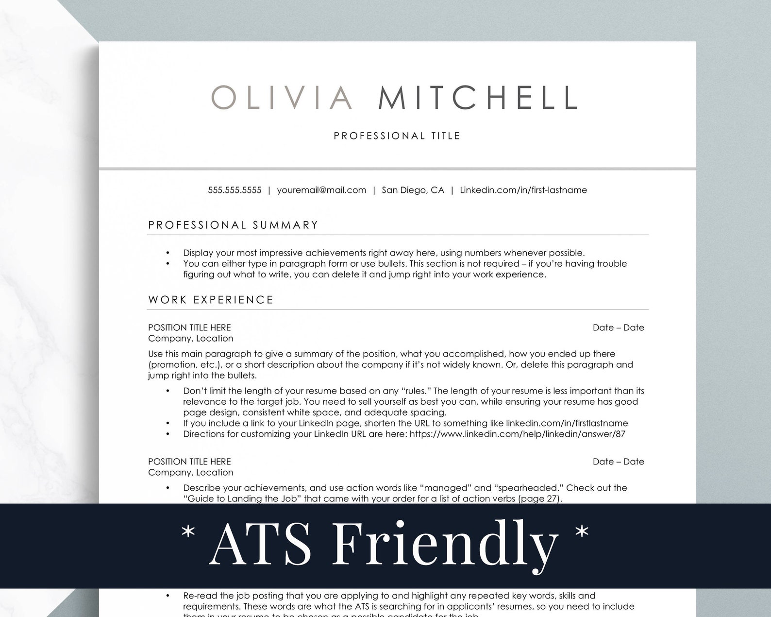 ATS Friendly Resume Template for Word Pages Google Docs - Etsy