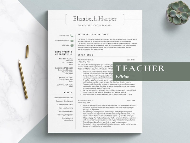 Teacher Resume Template for Google Docs, Word & Pages | Substitute ...