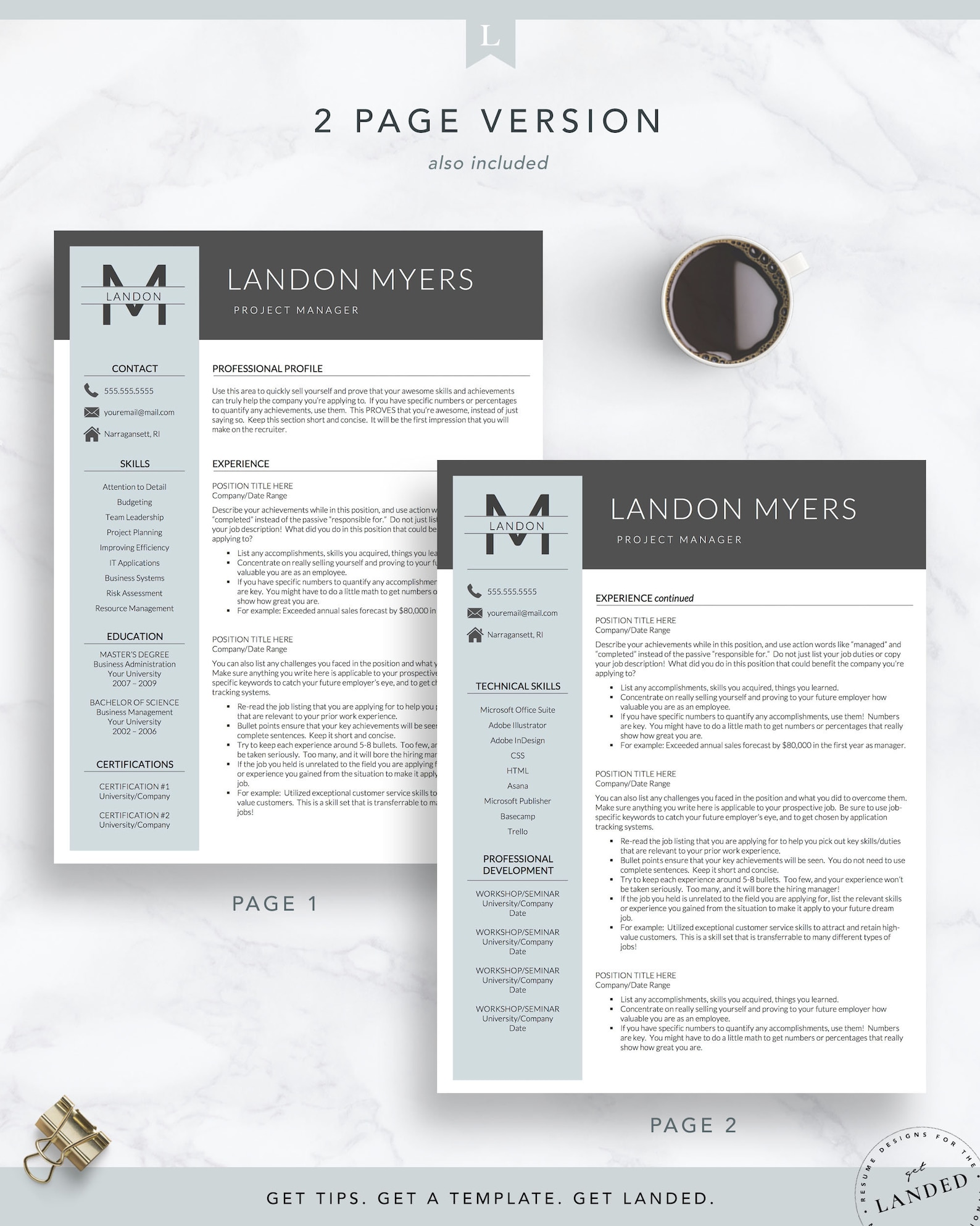 Blue Grey Resume Template With Initials for Word & Pages 1-3 Page ...